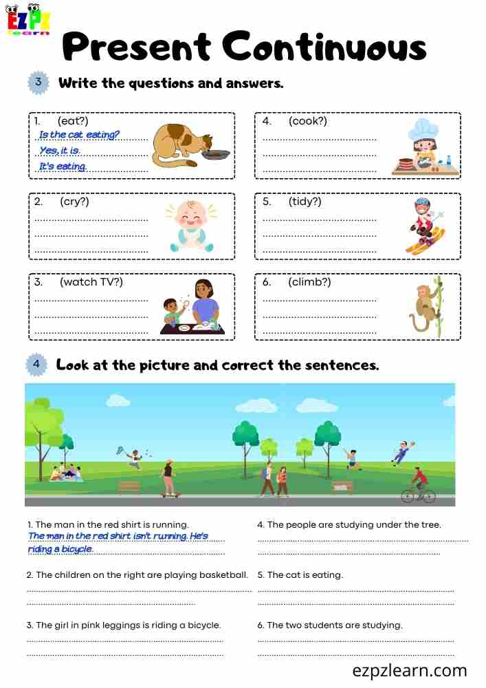 Present Continuous Worksheet – Write Questions & Answers + Correct the Sentences | Picture-Based ...